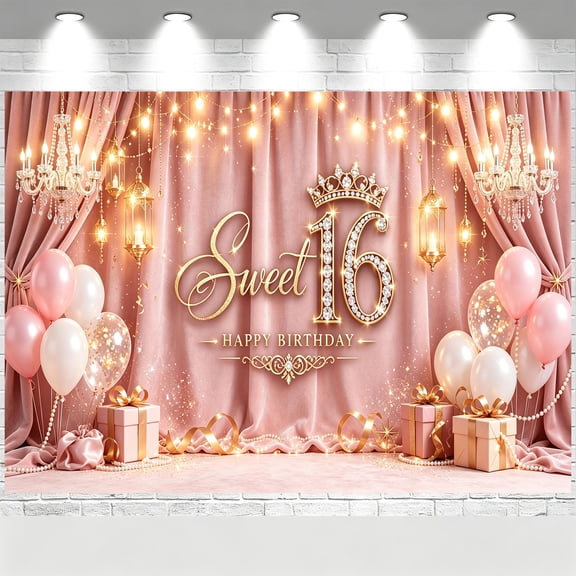 Sweet 16 Birthday Backdrop Golden Pink Crown Gift Box Birthday Banner ...