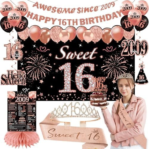 Sweet 16 Party Decorations for Girls Black Rose Gold, Happy 16th ...
