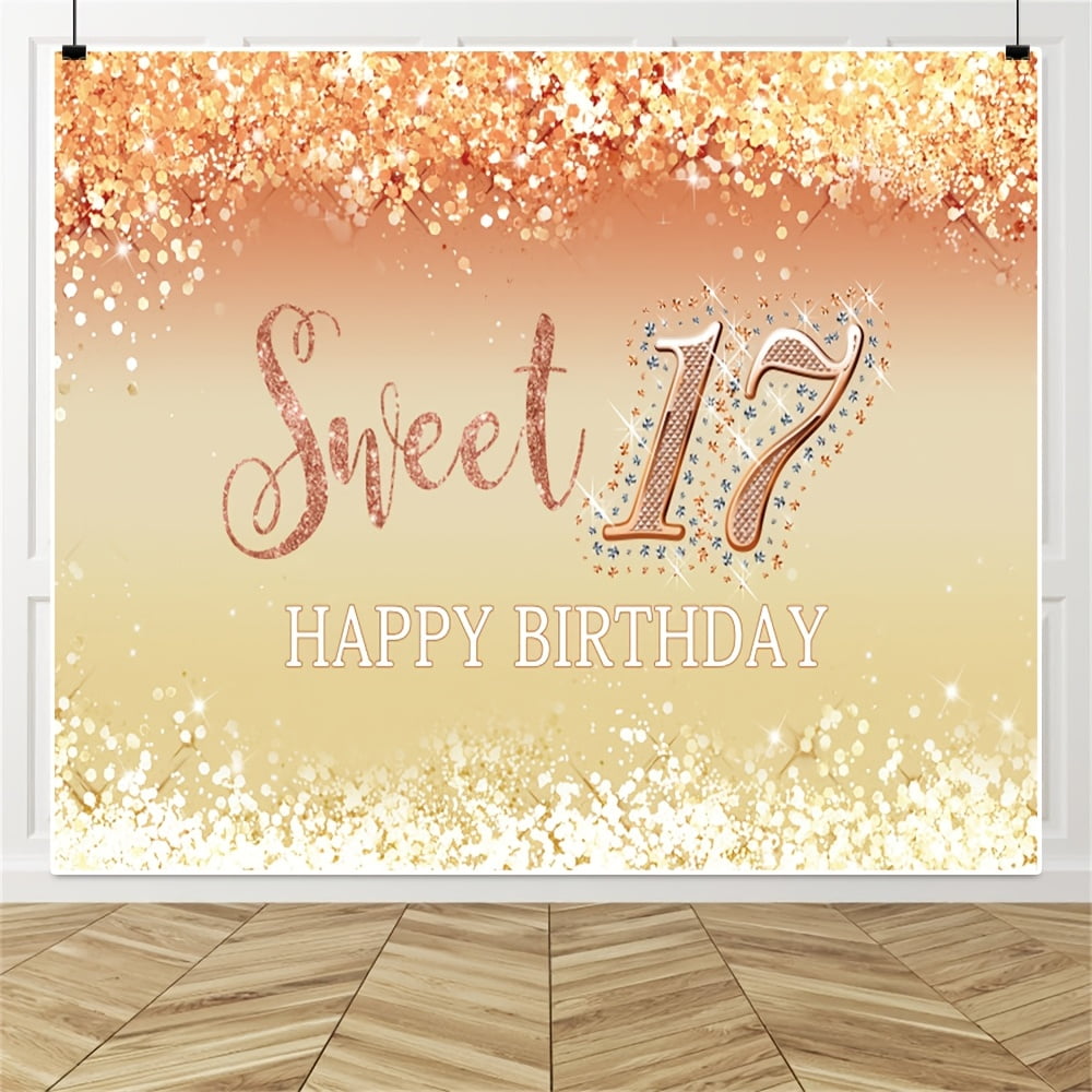 Sweet 17th Birthday Party Backdrop, Polyester Fiber, Golden Glitter ...