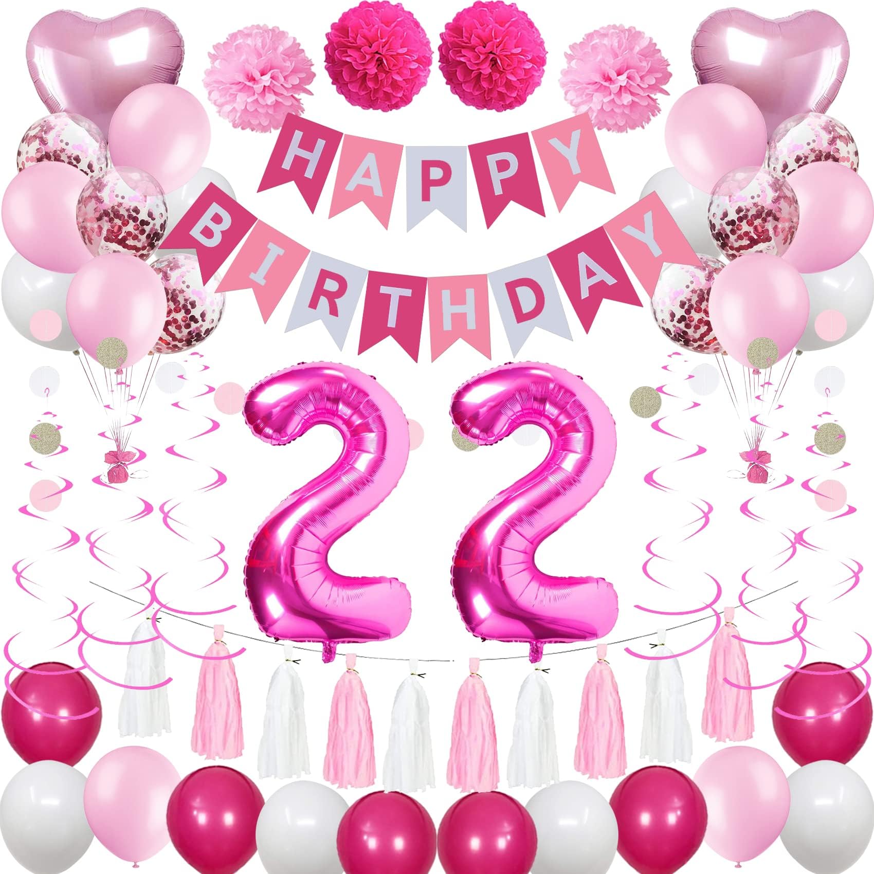Sweet 22nd Birthday Decorations YPF5 for Women, Pink and Happy Birthday Balloons，22nd Birthday ...