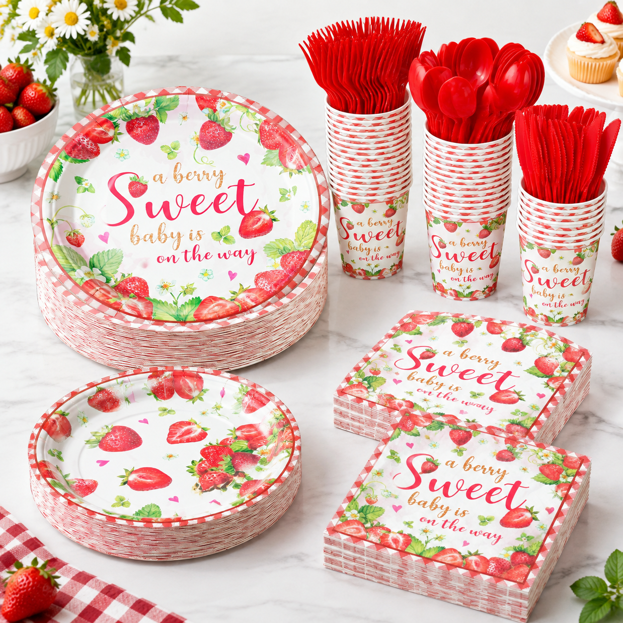 Sweet 350-Piece Strawberry Disposable Party Tableware Set, Serves 50 ...
