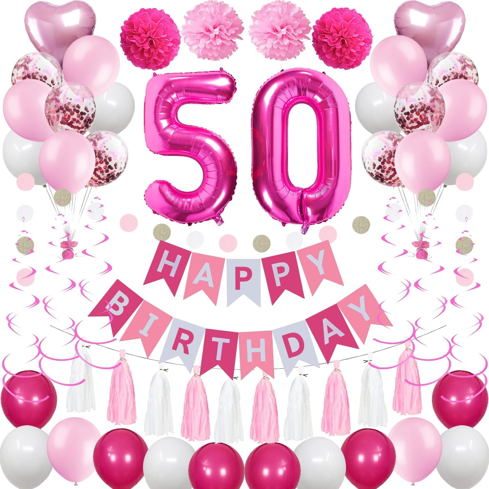 Sweet 50th Birthday Decorations for Women, Pink and White 50 Happy ...