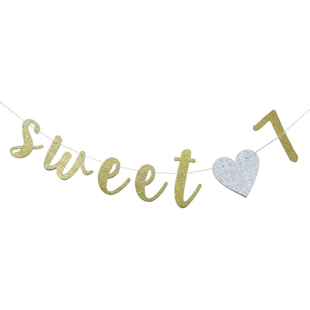 Sweet 7 Banner Gold Glitter with Heart for 7th Birthday Party ...