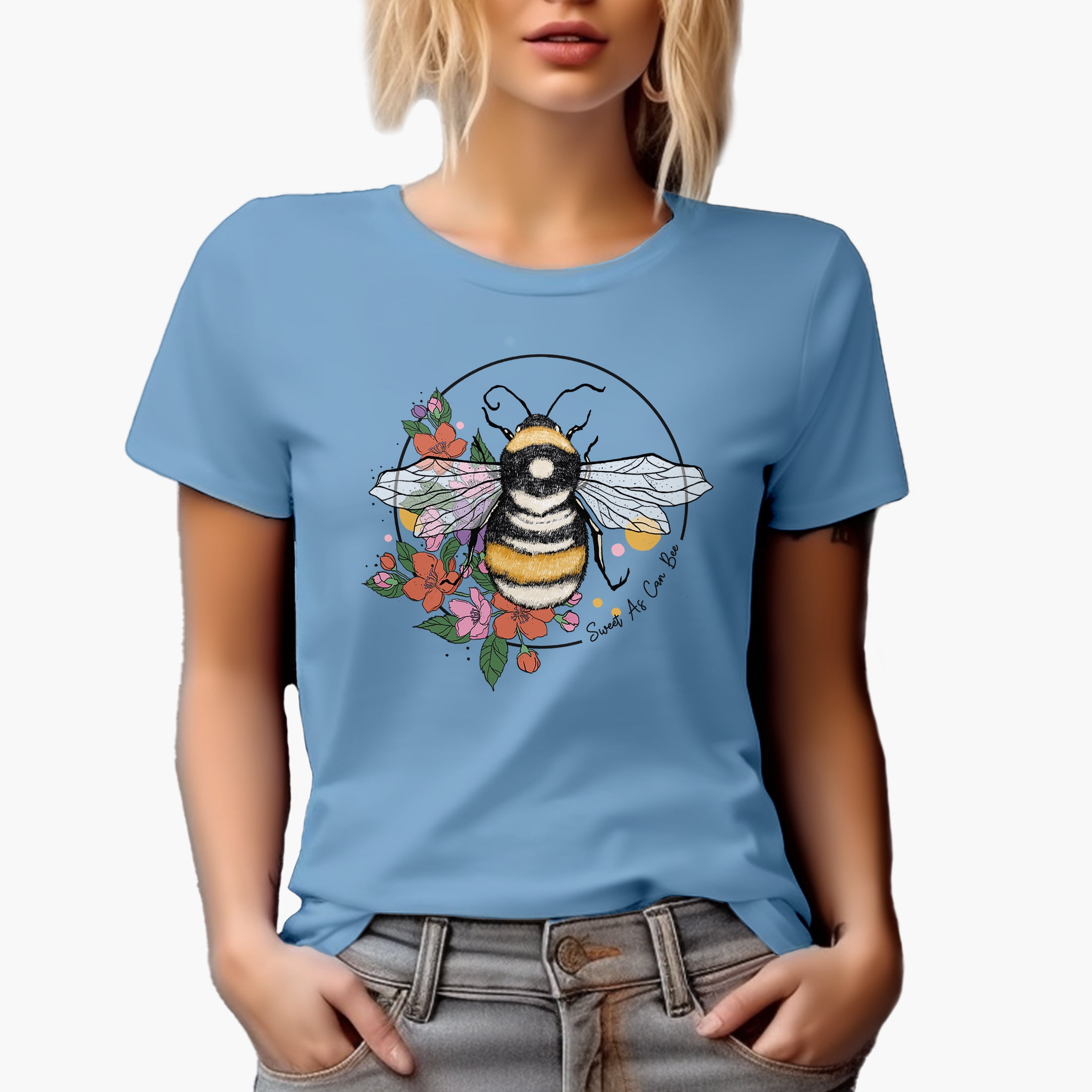 Sweet As Can Bee with Bee & Flowers Art Merch Gift, Baby Blue T-Shirt ...