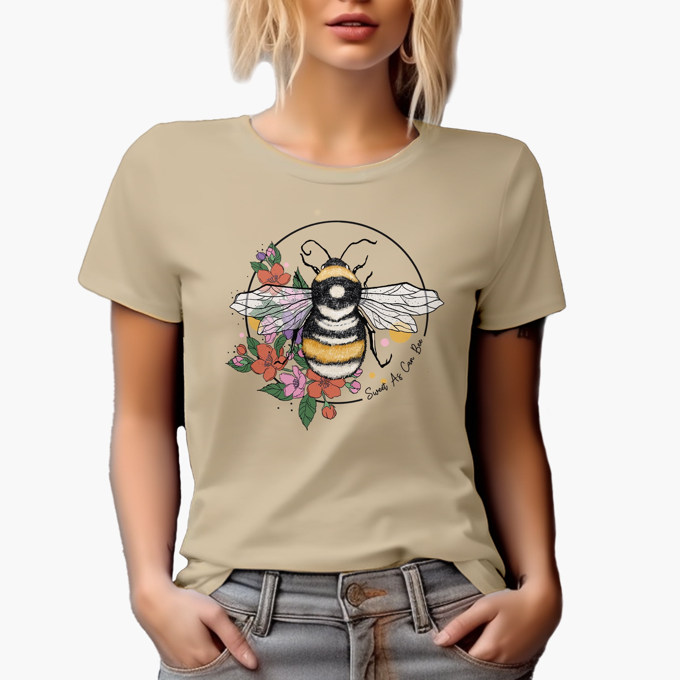 Sweet As Can Bee with Bee & Flowers Art Merch Gift, Tan T-Shirt, Medium ...