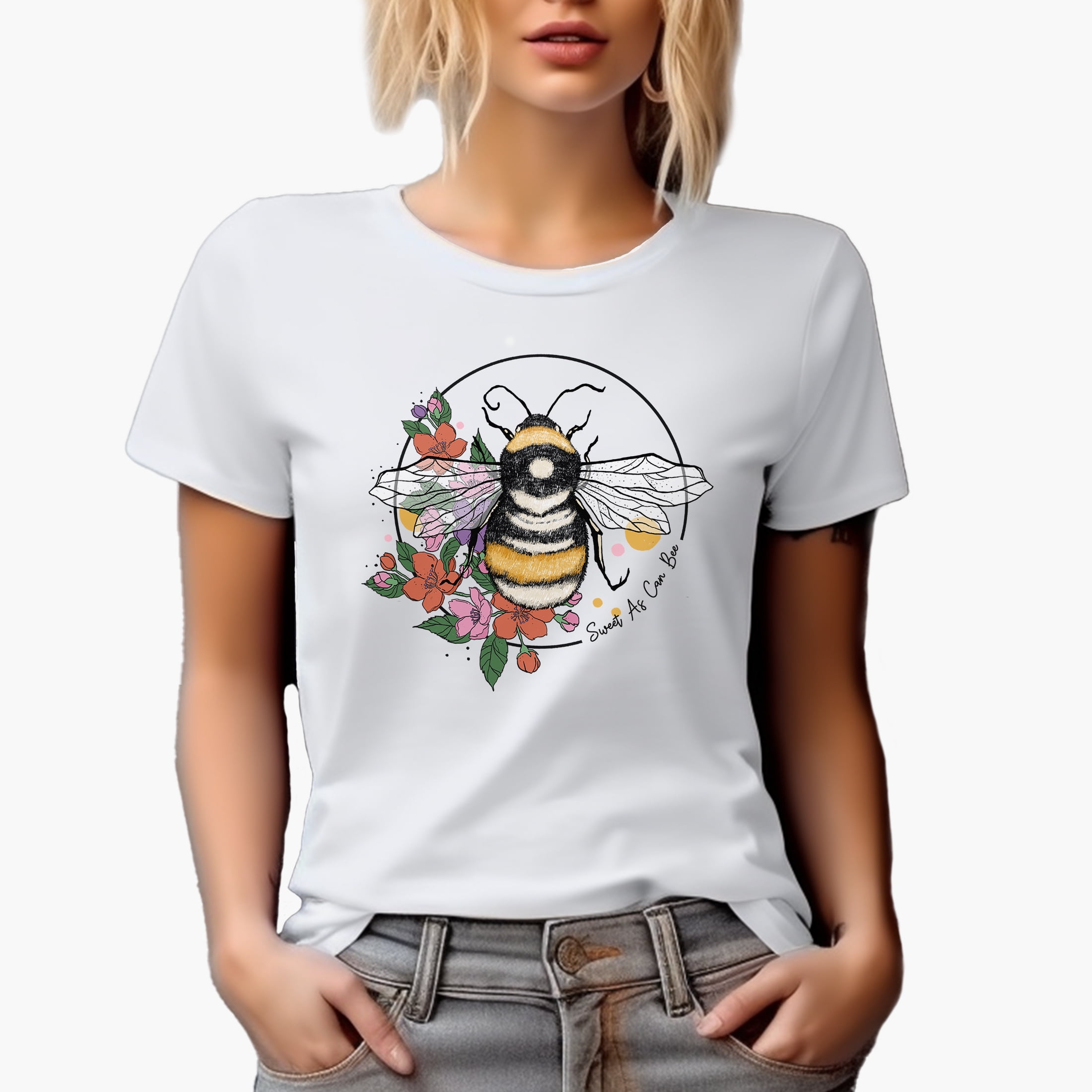 Sweet As Can Bee with Bee & Flowers Art Merch Gift, White T-Shirt, 2XL ...