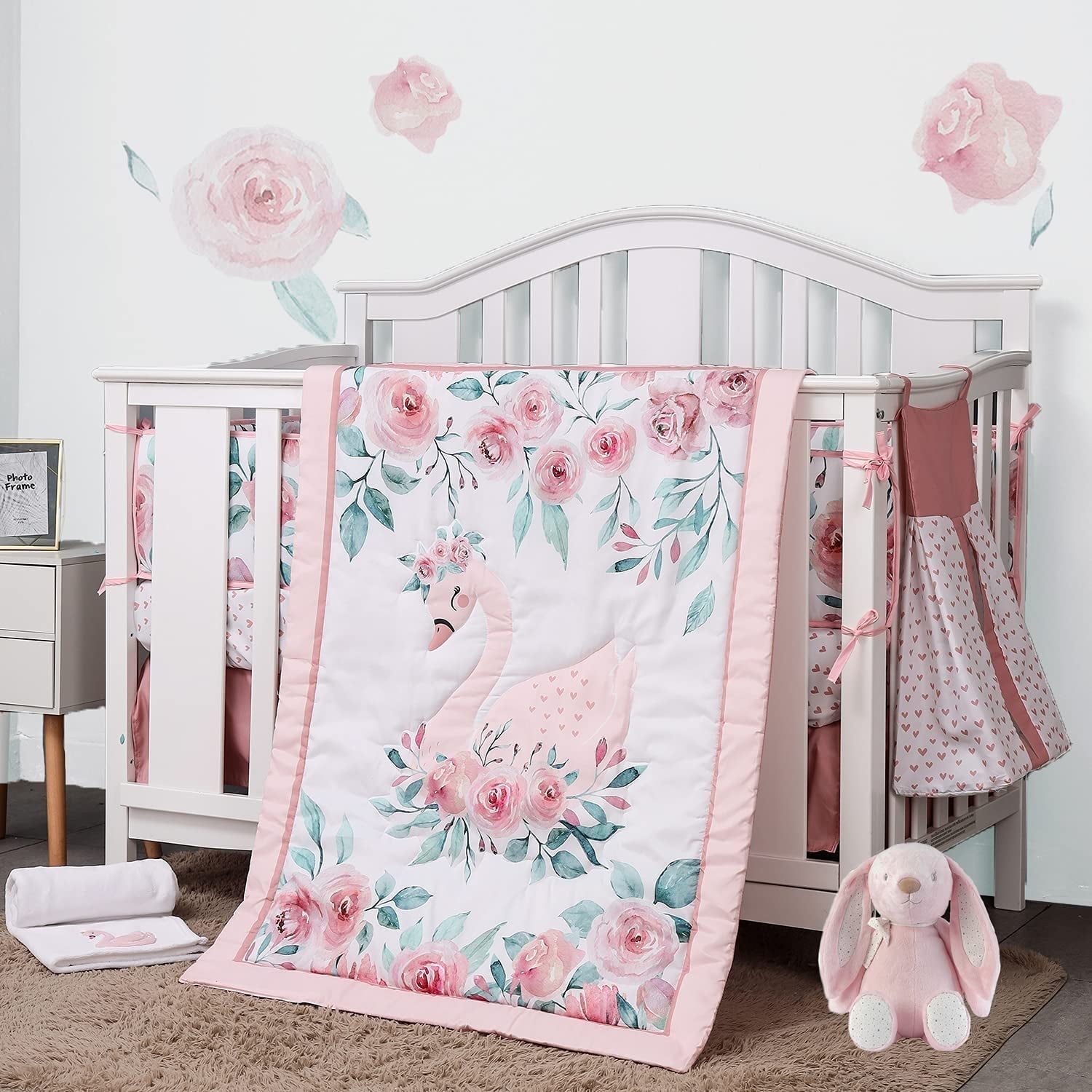 Sweet Baba Pink Swan Crib Bedding Set For Baby Girls, 5 PC Crib Set ...