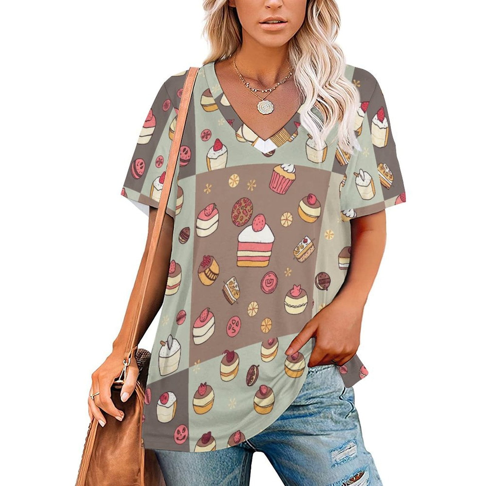 Sweet Bakery Patterns V Neck Fashion Oversize T-Shirt Short Sleeve ...