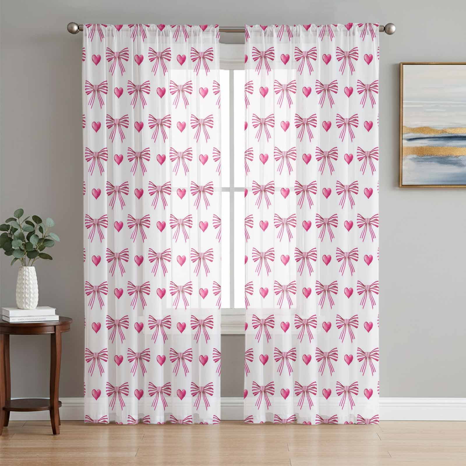 Sweet Bow Striped Sheer Curtains 72 Inch Length 2 Panels Set, Pink Love ...