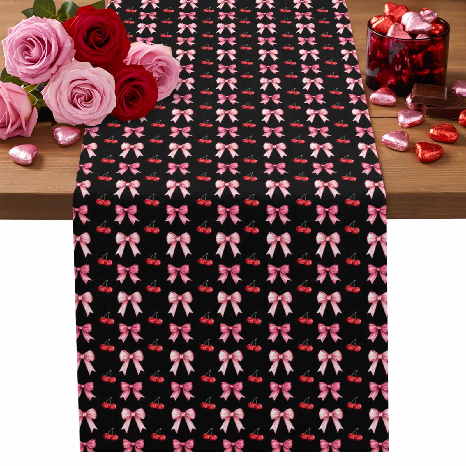 Sweet Bows Cotton Linen Table Runner Pink Bow Red Cherry Black ...