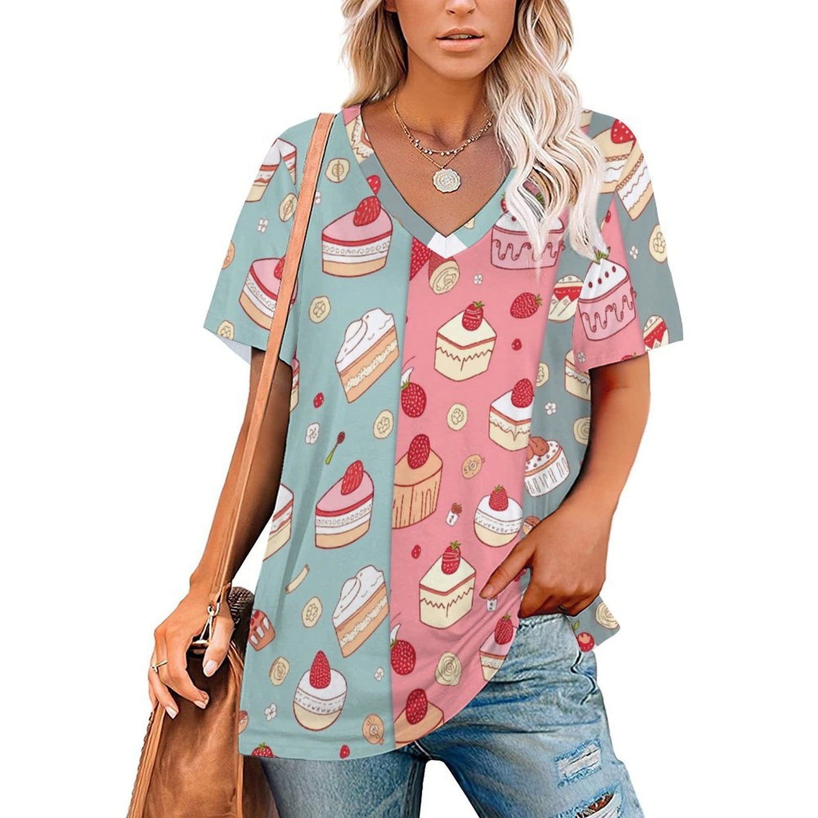 Sweet Cake Patterns T Shirts V Neck Short Sleeve Print Top Tees ...