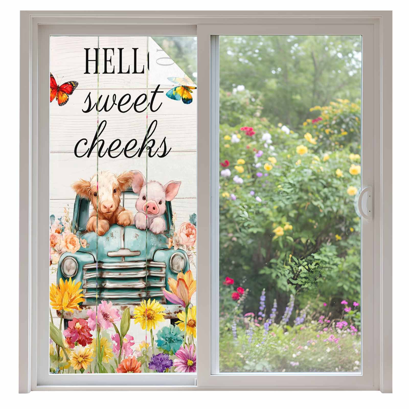 Sweet Cheeks Window Privacy Film, Farmhouse Flowers Cars Cows Pigs Wood ...