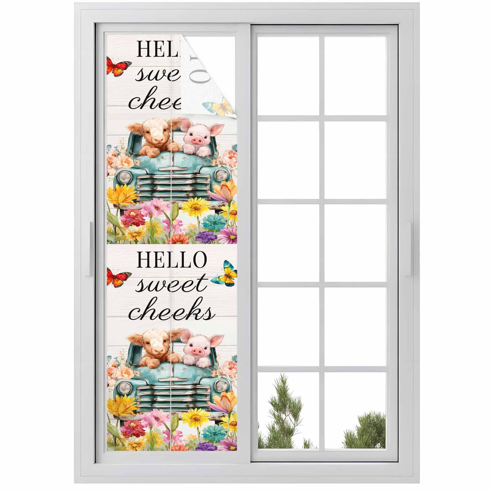 Sweet Cheeks Window Privacy Film, Farmhouse Flowers Cars Cows Pigs Wood ...