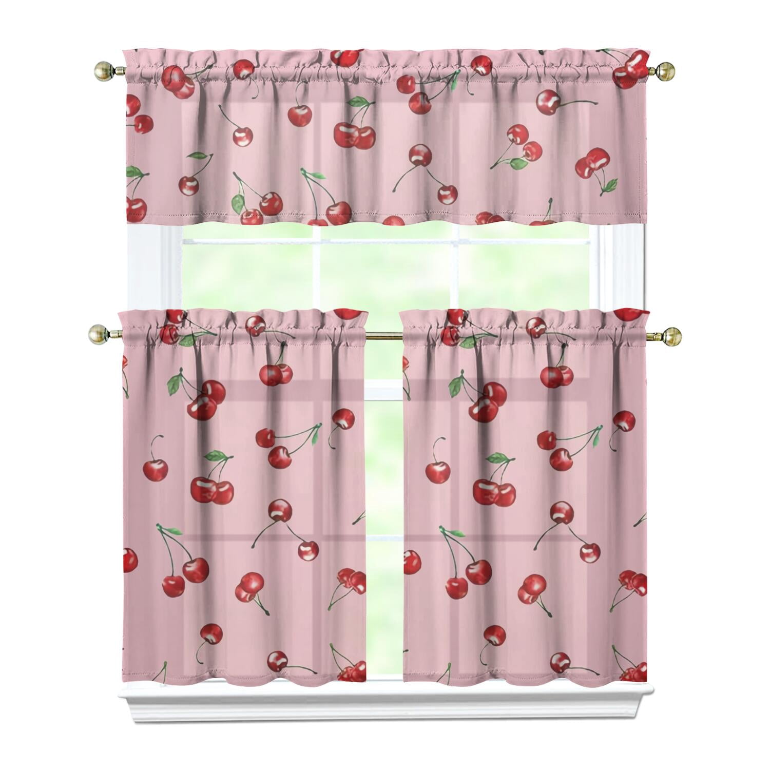 Sweet Cherry Blossom Kitchen Curtains 3-Piece Set - Rod Pocket Short ...