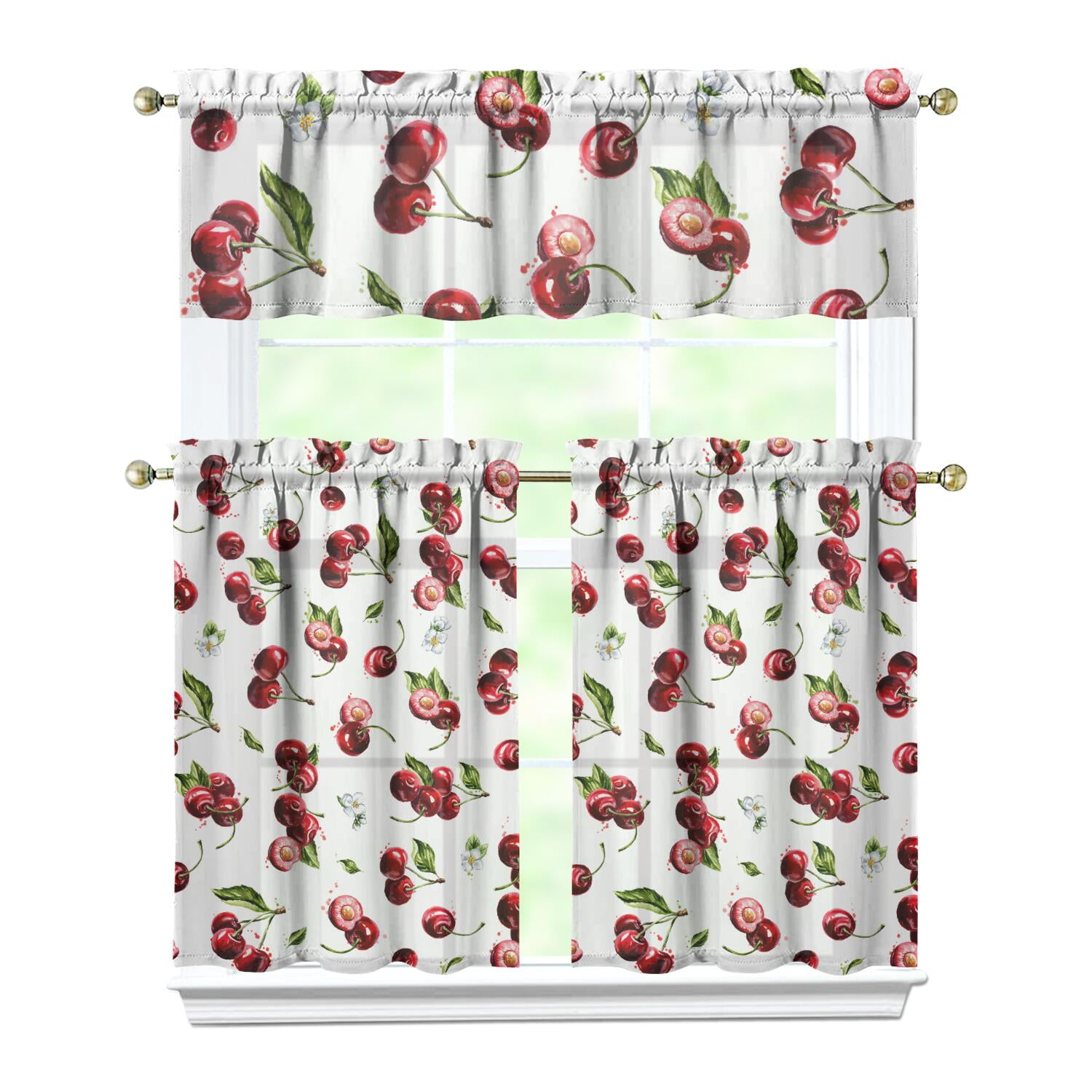 Sweet Cherry Blossom Kitchen Curtains 3-Piece Set - Rod Pocket Short ...