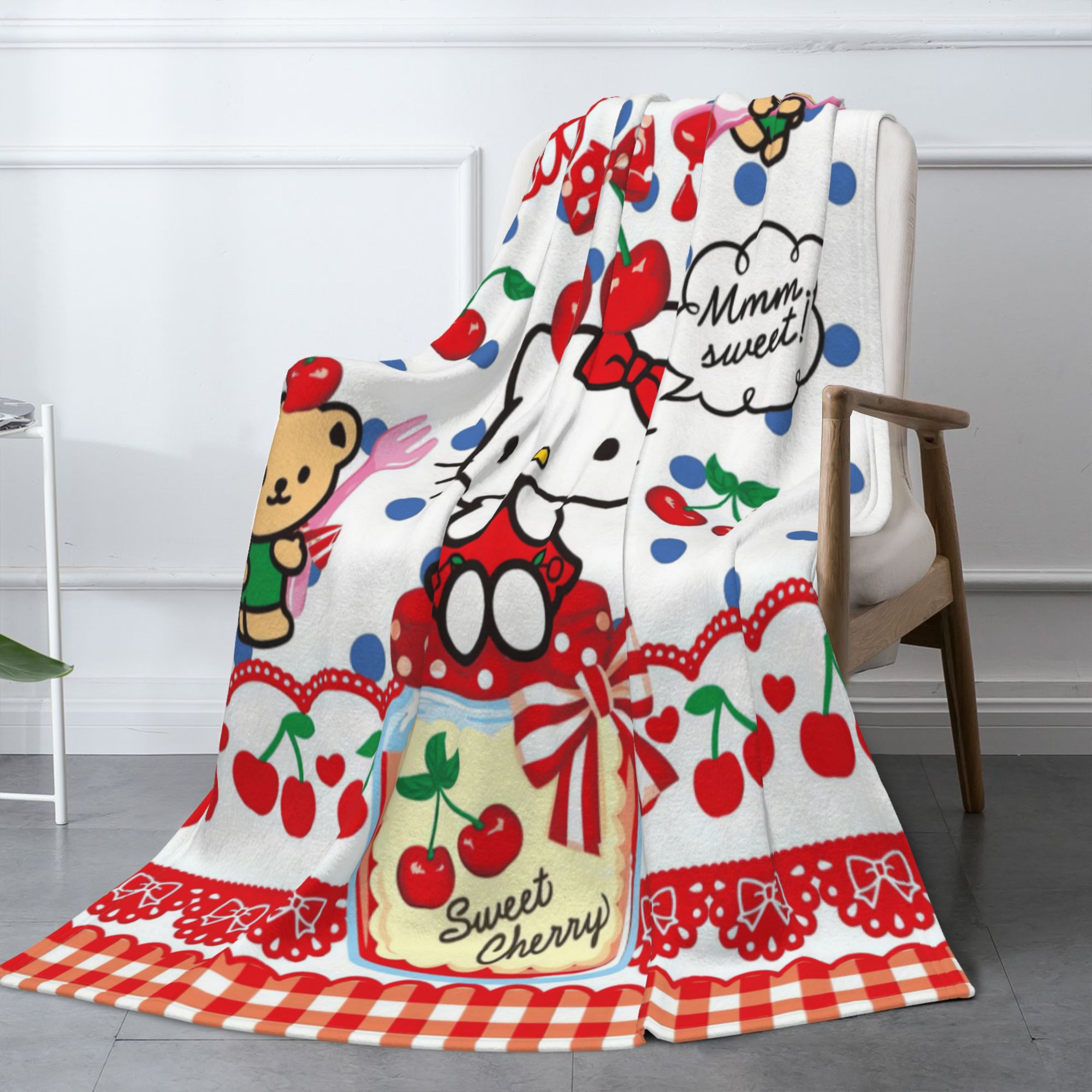 Sweet Cherry Hello Kitty Blanket for Couch Bed Throw Blanket, Aesthetic ...