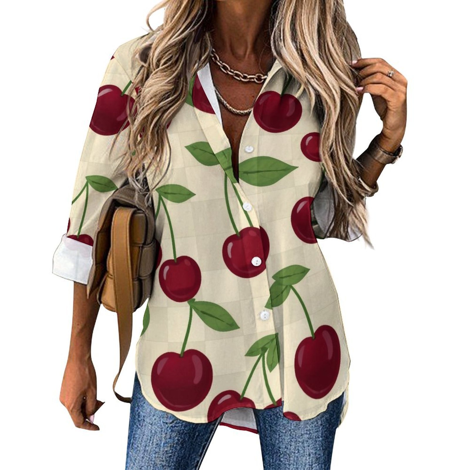 Sweet Cherry Pattern Loose Blouse Oversize Blouses Long-Sleeve Office ...