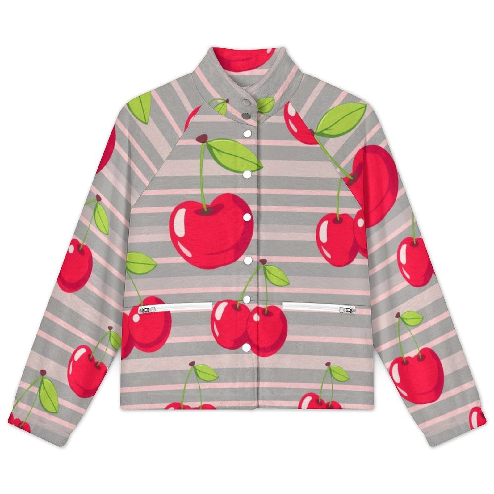 Sweet Cherry Stripes Pattern Autumn Winter Jacket Women Coat Short ...