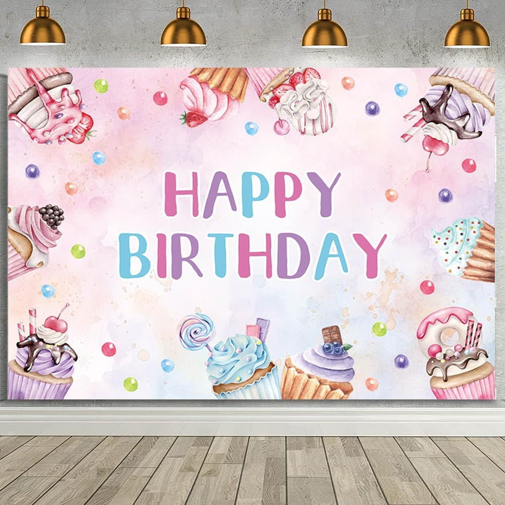 Sweet Cupcake Happy Birthday Backdrop for Girls Pink Candy Cupcake ...