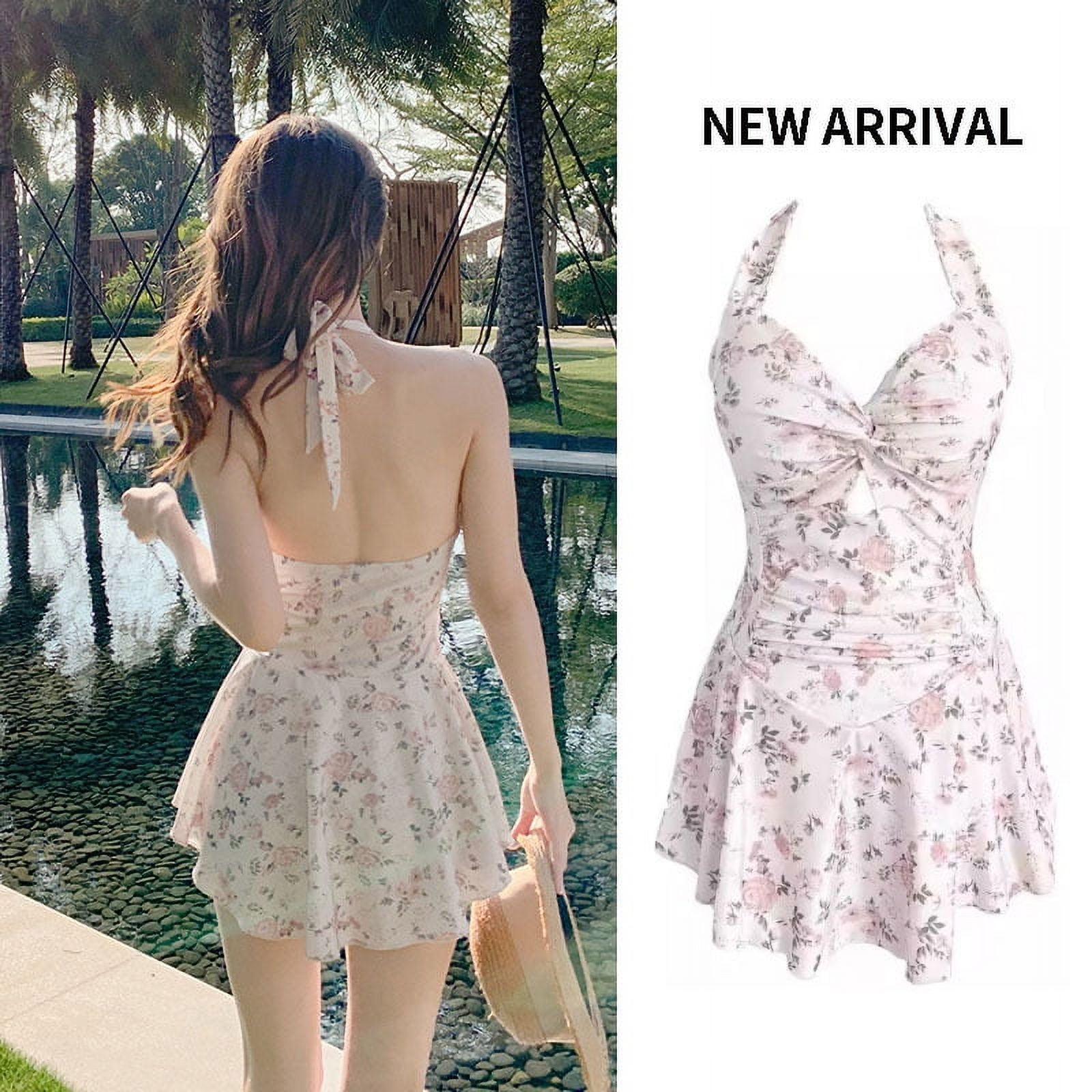 Sweet Cute Swimwear Women Hanging Neck Flower One Piece Beach Dress Swimsuit High Waist Bathing