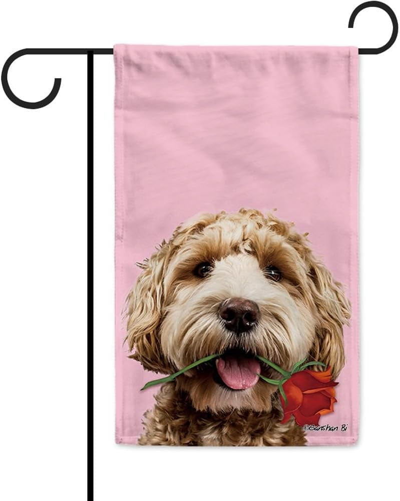 Sweet Dog Garden Flag Labradoodle Puppy and Red Rose Floral Anniversary ...