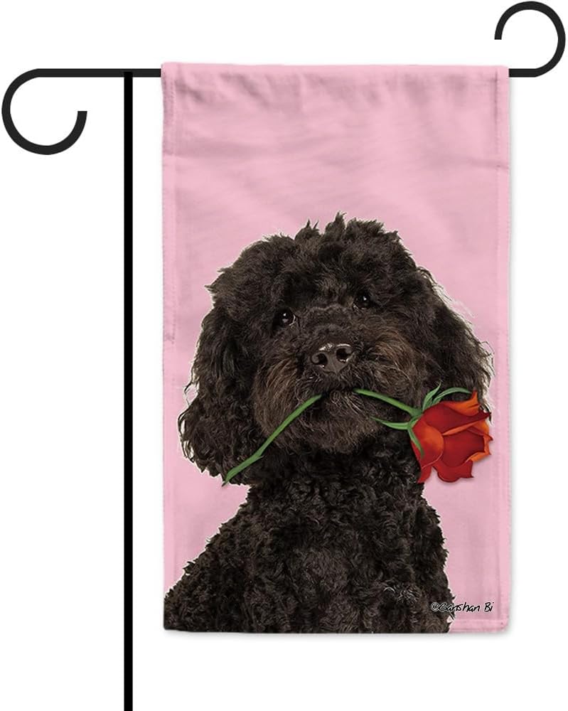 Sweet Dog Garden Flag Labradoodle and Red Rose Floral Anniversary ...