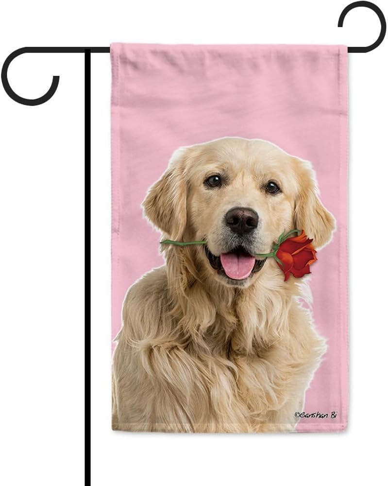 Sweet Dog Garden Flag Pet Golden Retriever and Red Rose Floral ...