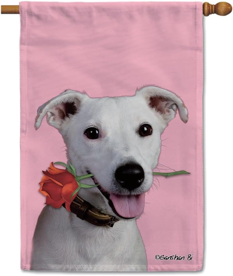 Sweet Dog House Flag Jack Russell Terrier Puppy and Red Rose Floral ...