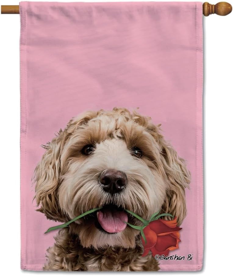 Sweet Dog House Flag Labradoodle Puppy and Red Rose Floral Anniversary ...