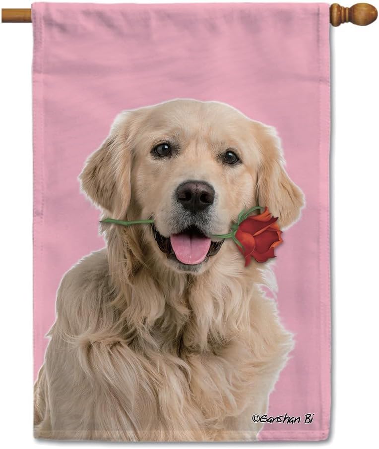 Sweet Dog House Flag Pet Golden Retriever and Red Rose Floral ...