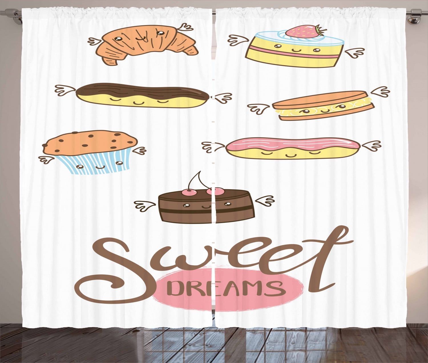 Sweet Dreams Curtains 2 Panels Set, Hand Drawn Sweets Éclair Croissant ...