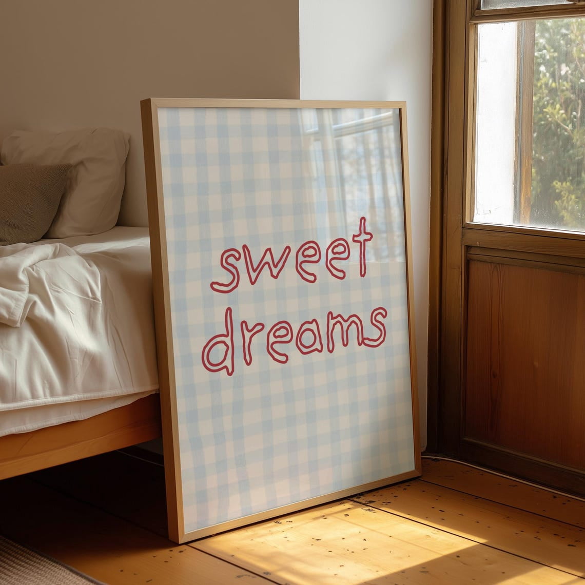 Sweet Dreams Print, Red And Blue Gingham Bedroom Wall Art, Cute Quote ...