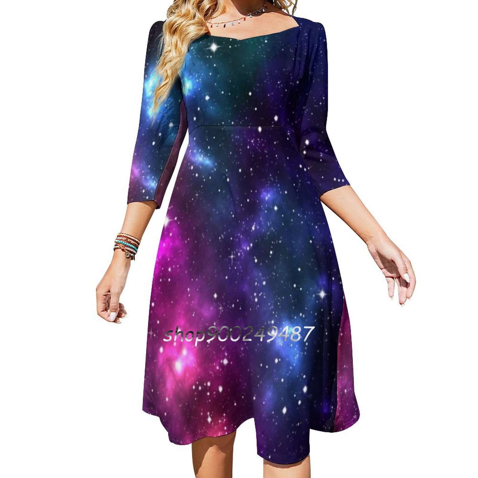 Sweet Elegant Dress Women Korean Kawaii Square Collar Dress Stars Space ...