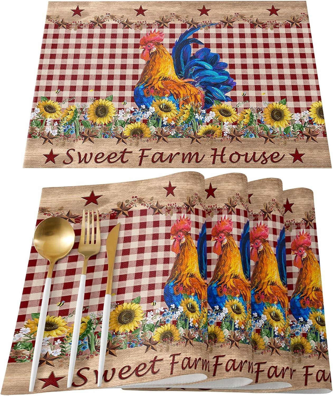 Sweet Farm House Rustic Rooster Placemats Set of 6 Non Slip Washable ...