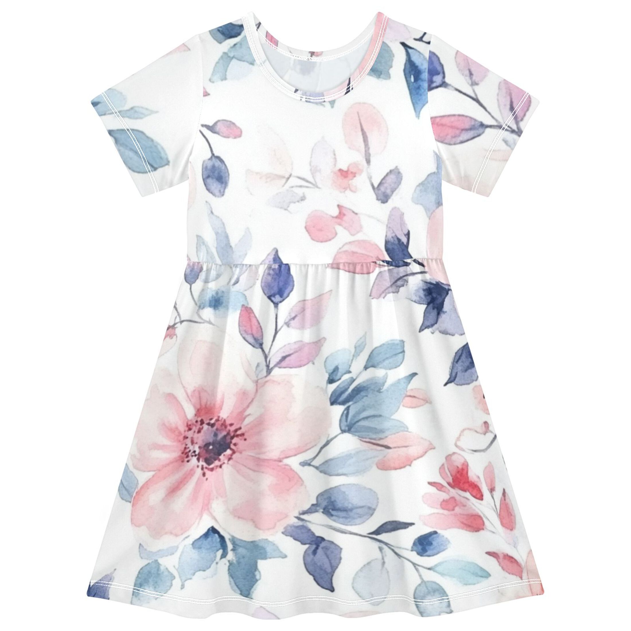 Sweet Floral Leaves Watercolor Soft Pastel Girls' Short Sleeve Dress A ...