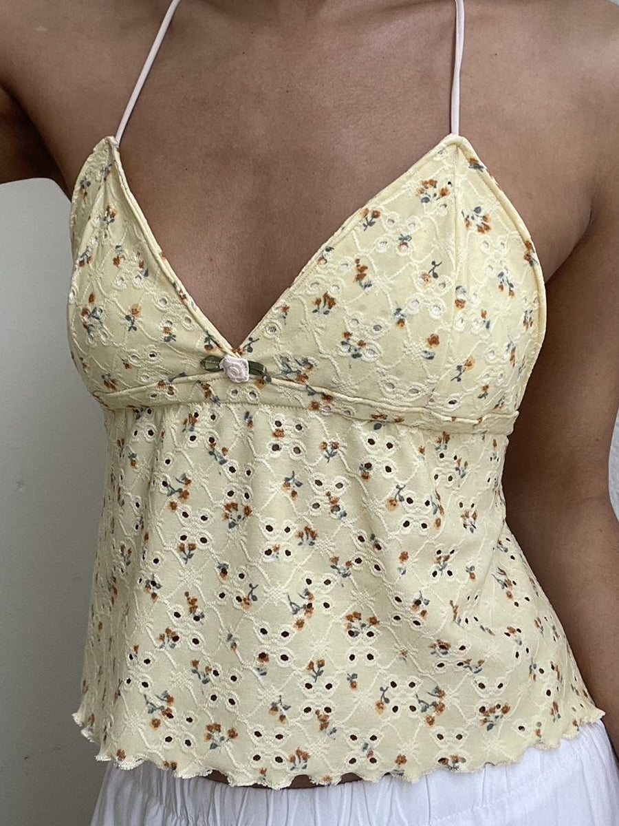 Sweet Halter Neck Women Lace Floral Printed Camisoles Summer Y2k Chic