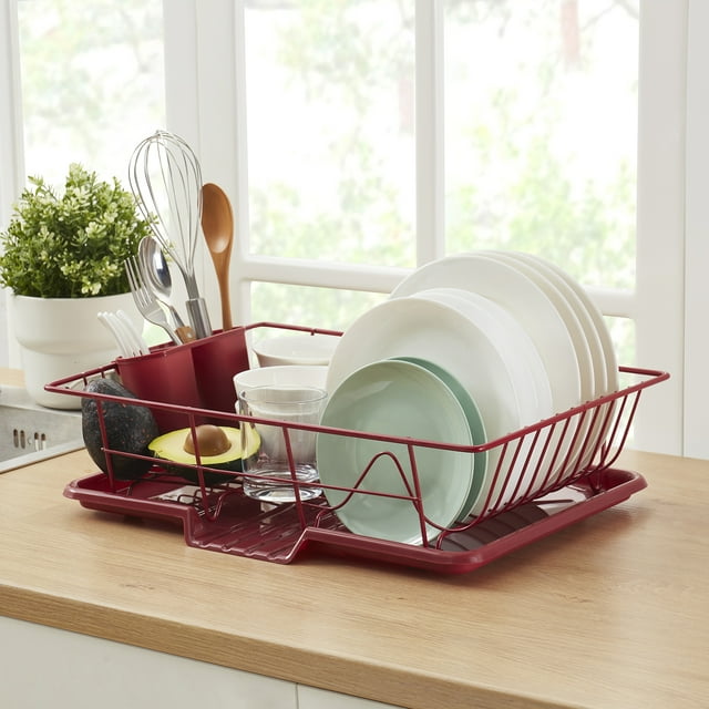 Sweet Home Collection 3-Piece Kitchen Sink Dish Drainer Set- Burgundy ...