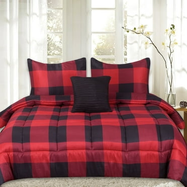 5 Piece Buffalo Check Sheet and Comforter set Burgundy Black - Walmart.com