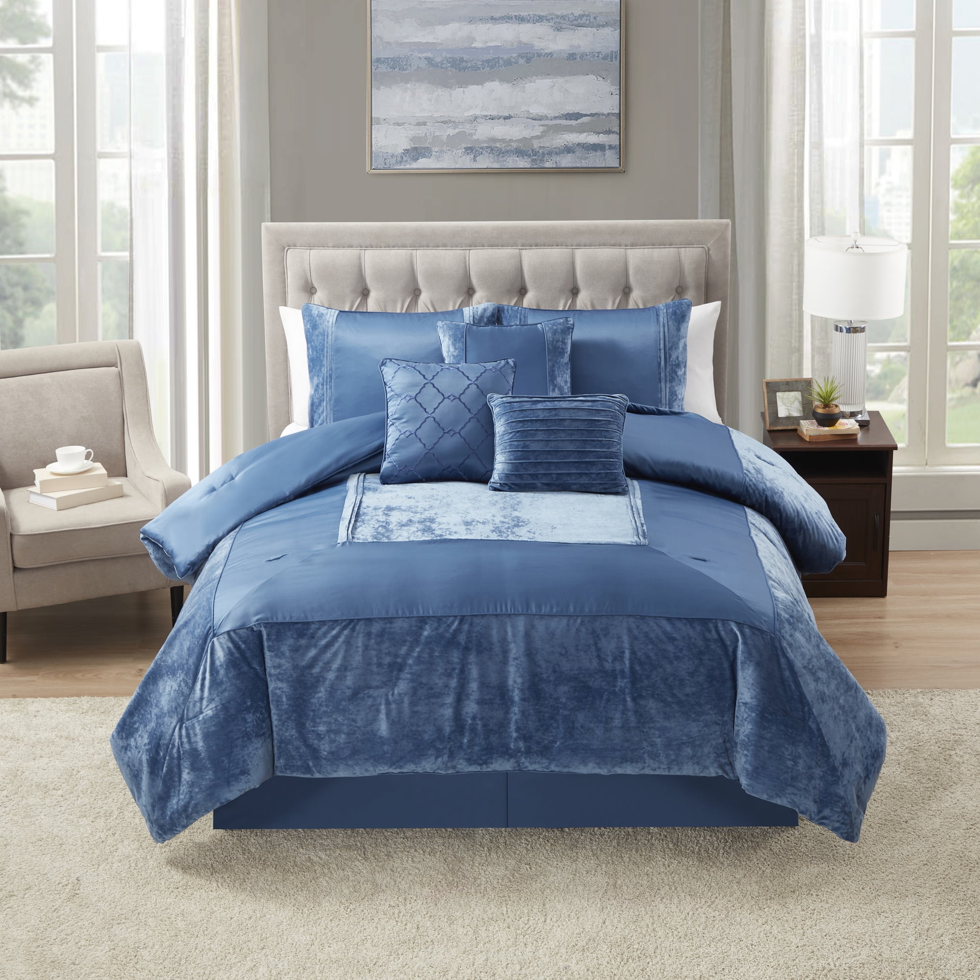 Sweet Home Collection Luna 7 Piece Crushed Velvet Comforter Set, Queen ...
