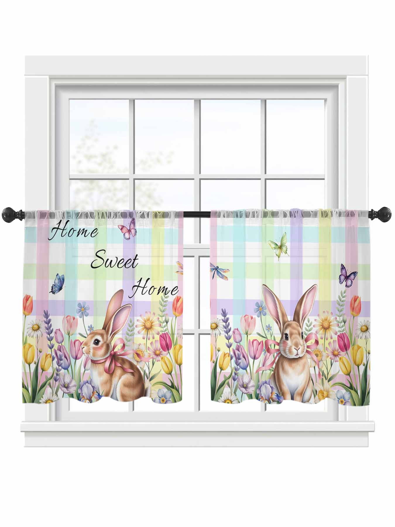 Sweet Home Sheer Curtains 2 Panels Set Easter Bunny Spring Butterflies ...