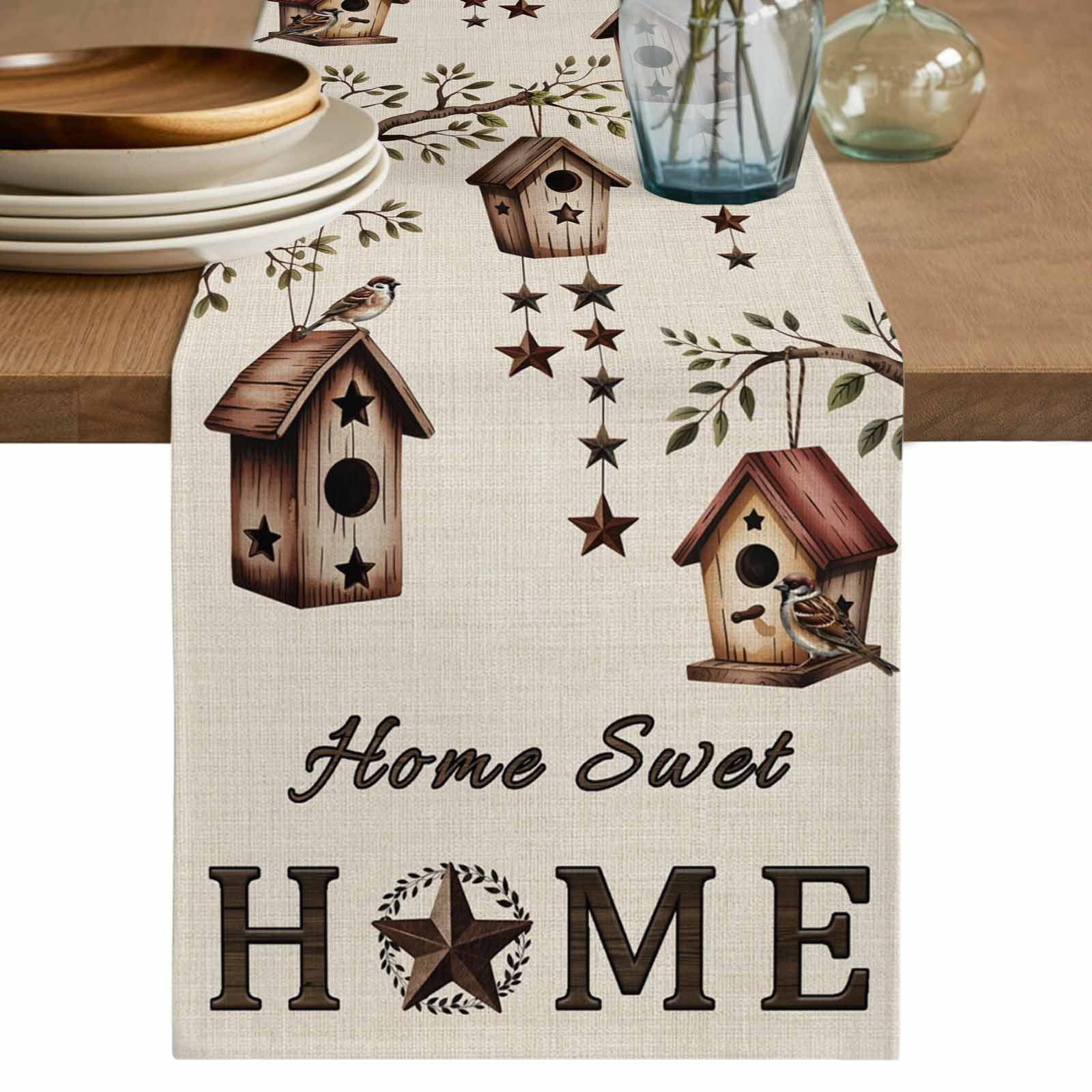 Sweet Home Table Runner 90 Inches, Western Stars Bird Houses Farmhouse ...