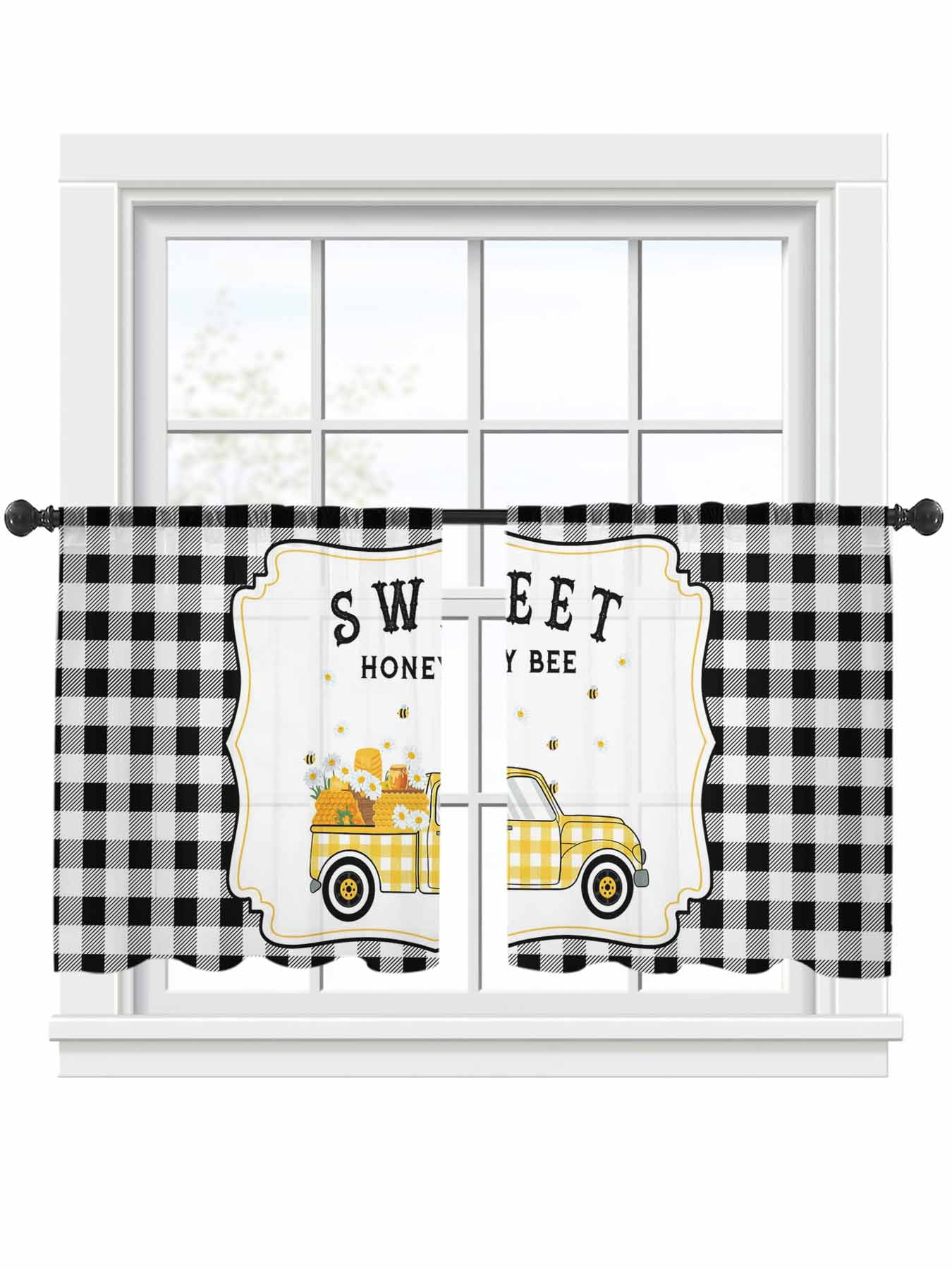 Sweet Honey Bee Sheer Curtains 54 Inch Long 2 Panels, Yellow Plaid ...
