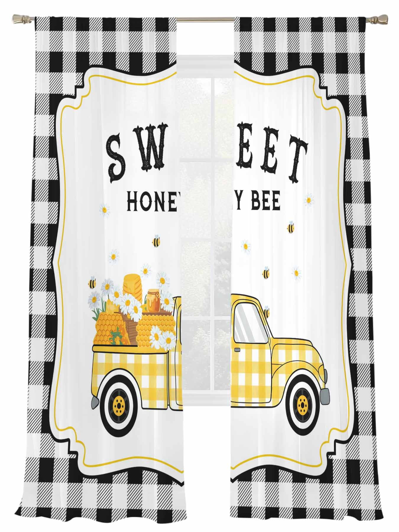Sweet Honey Bee Sheer Curtains 96 Inch Long 2 Panels, Yellow Plaid ...