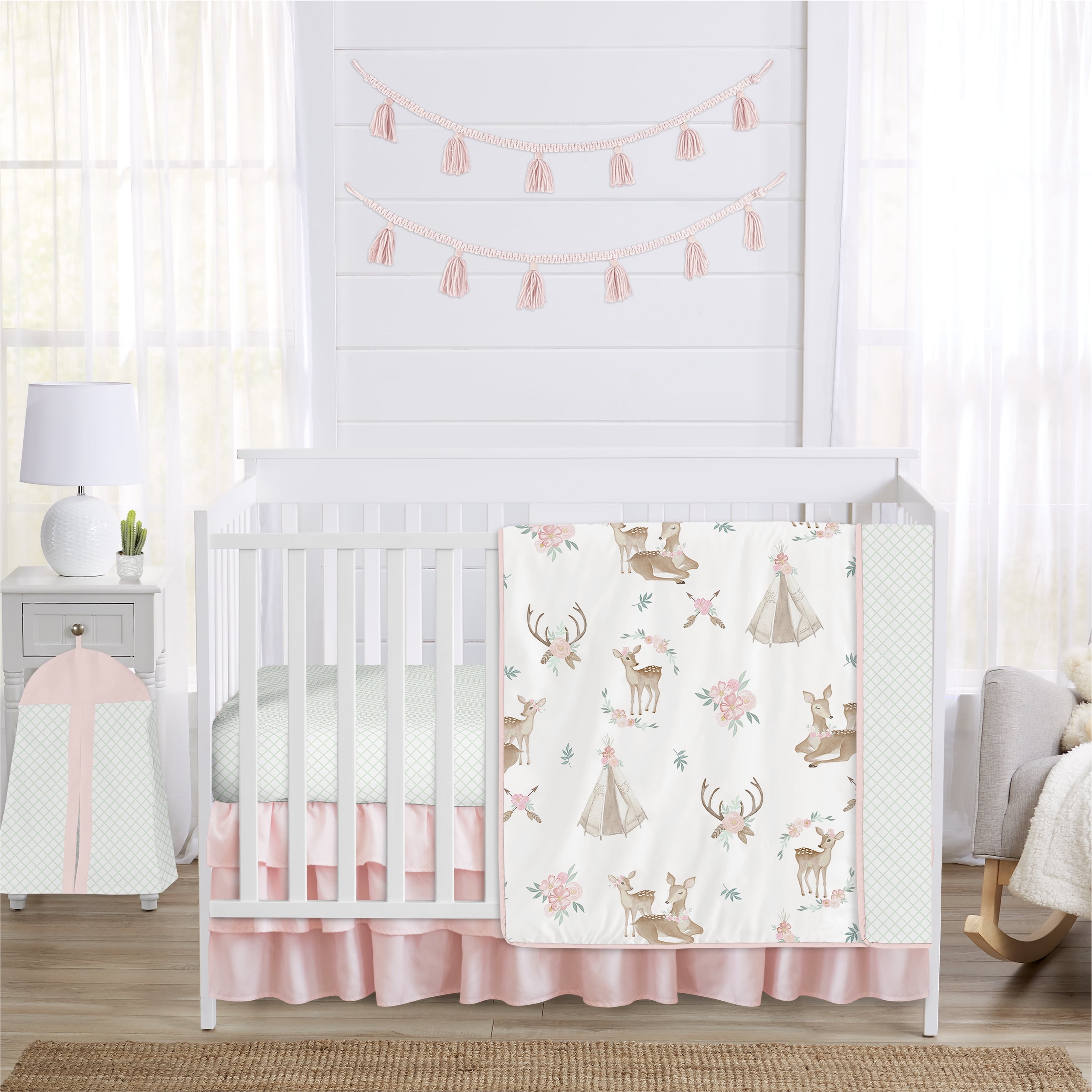 Sweet Jojo Designs Deer Floral Pink, Green, Tan and White 4 Piece Crib ...