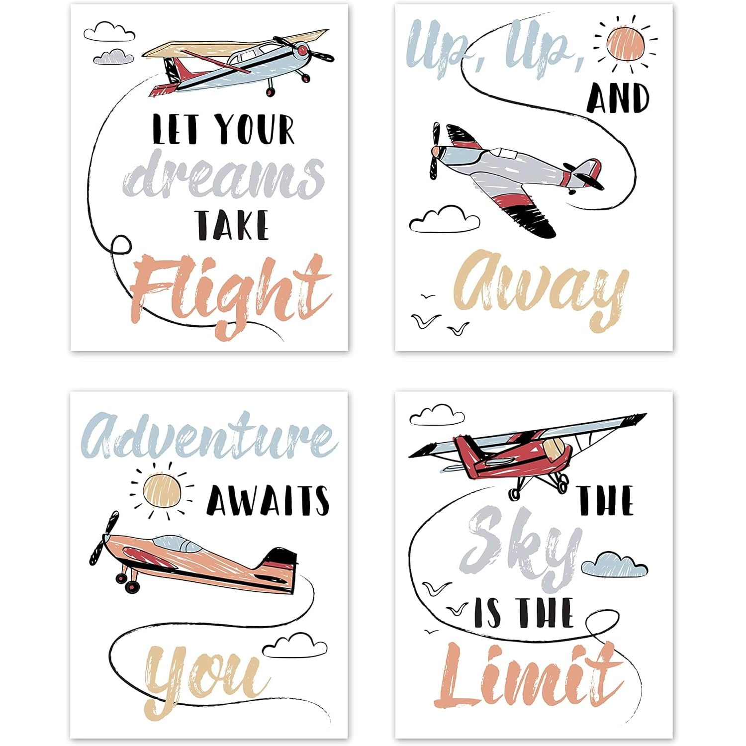 Sweet Jojo Designs Vintage Airplane Wall Art Prints Room Decor for Baby ...