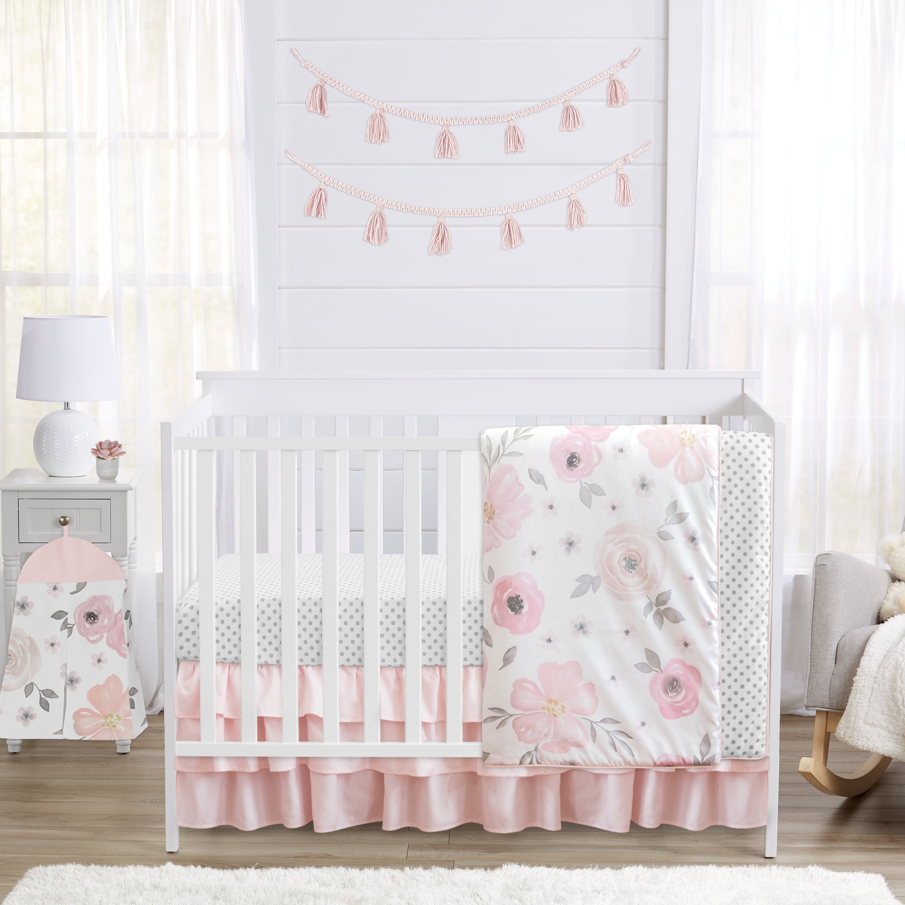 Sweet Jojo Designs 4pc Watercolor Floral Pink Grey Girl Flower Baby ...