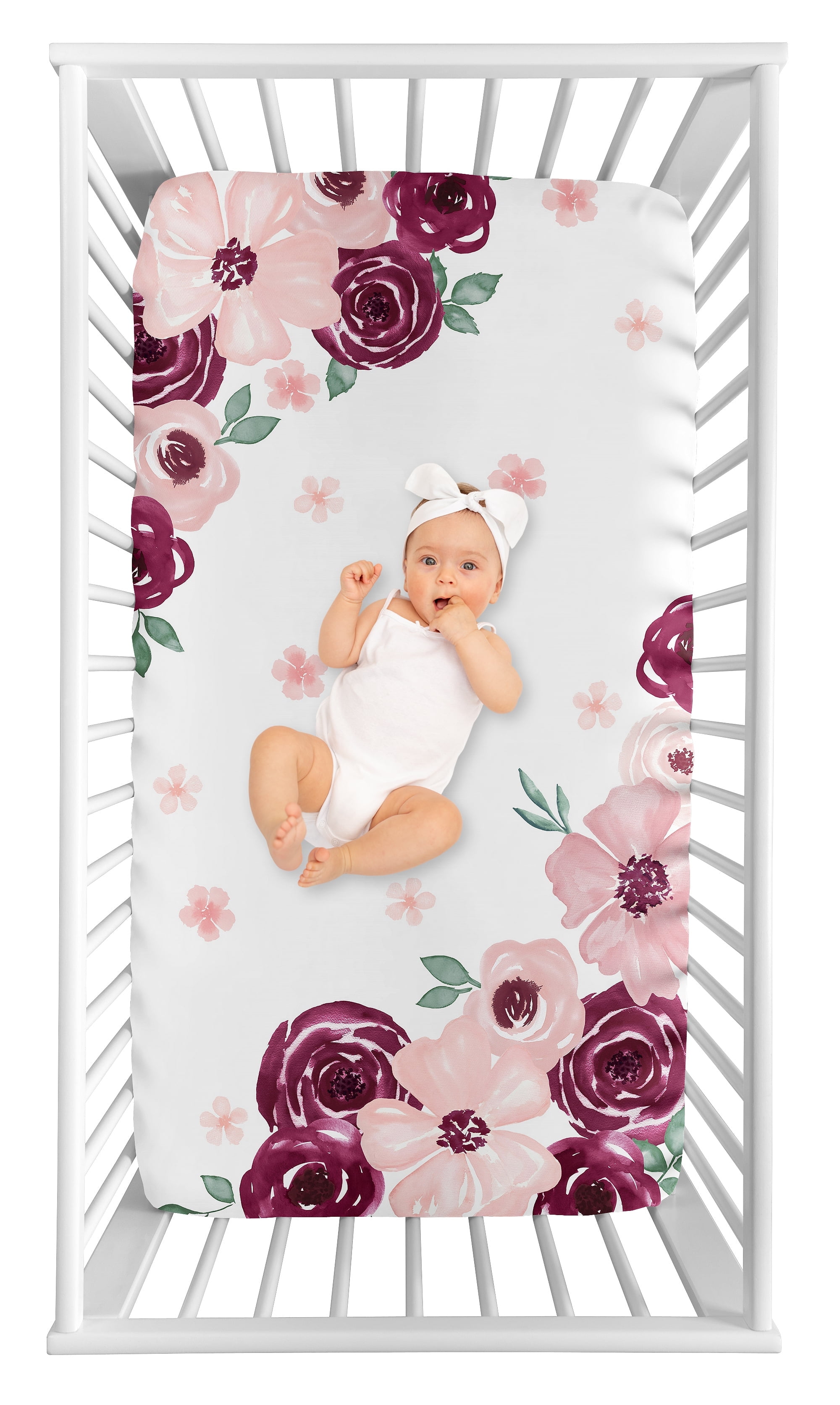 Sweet Jojo Designs Burgundy Watercolor Floral Fitted Crib Sheet for ...