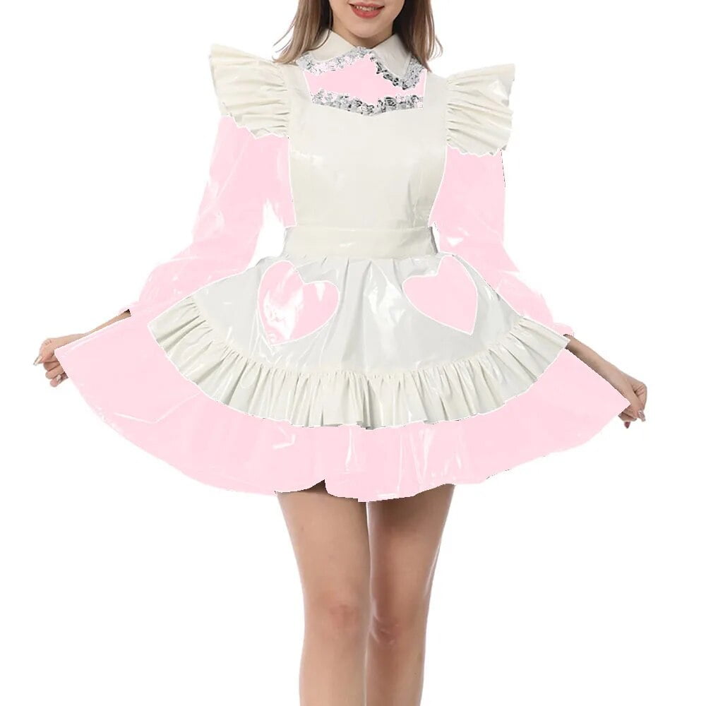 Sweet Kawaii Shiny PVC Leather Peter Pan Collar Mini Maid Dress with ...