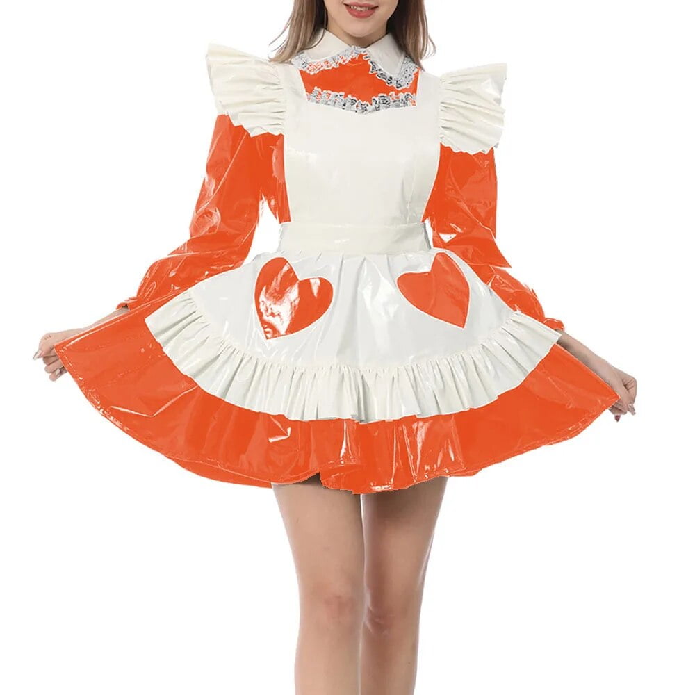Sweet Kawaii Shiny PVC Leather Peter Pan Collar Mini Maid Dress with Ruffles Apron - Walmart.com