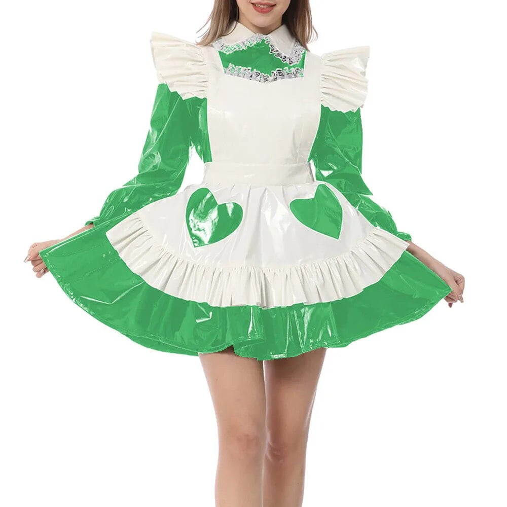 Sweet Kawaii Shiny PVC Leather Peter Pan Collar Mini Maid Dress with ...